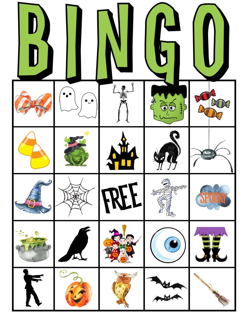 Halloween bingo printable green copy All Things Thrifty